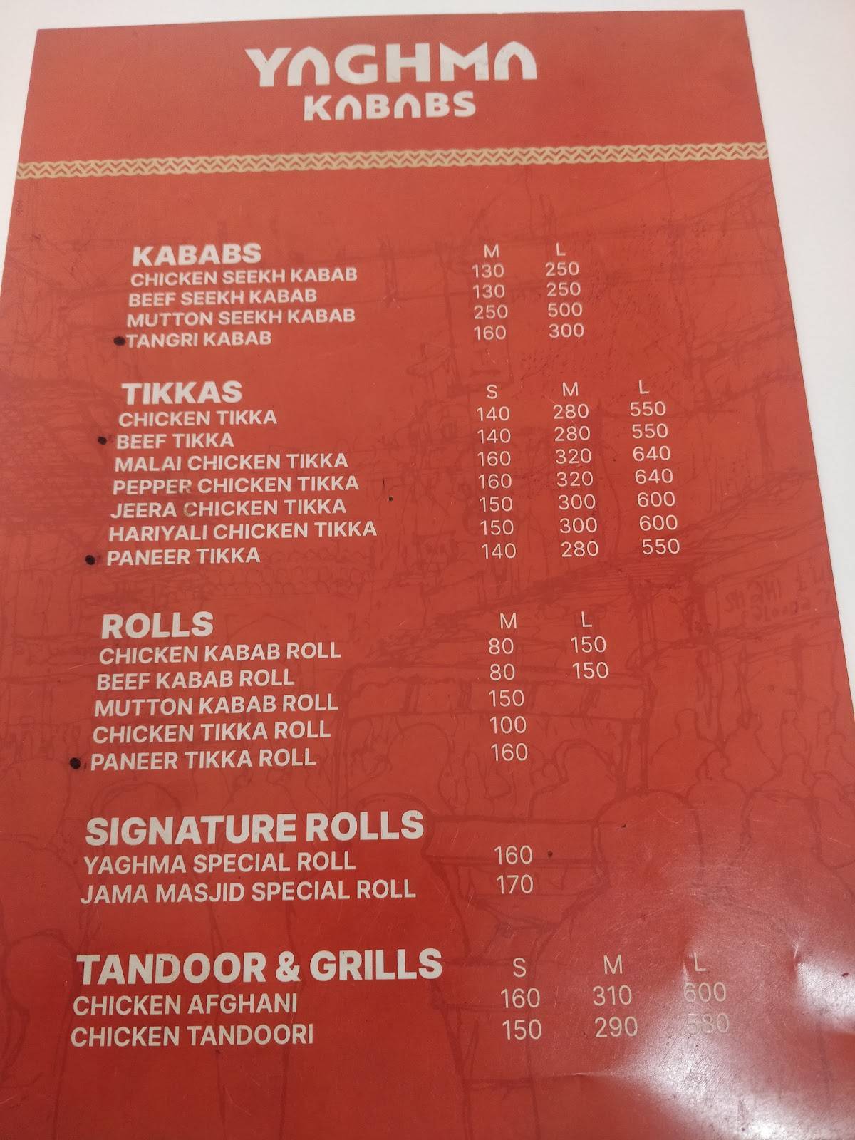 Menu at Yaghma Kababs, Manjeri