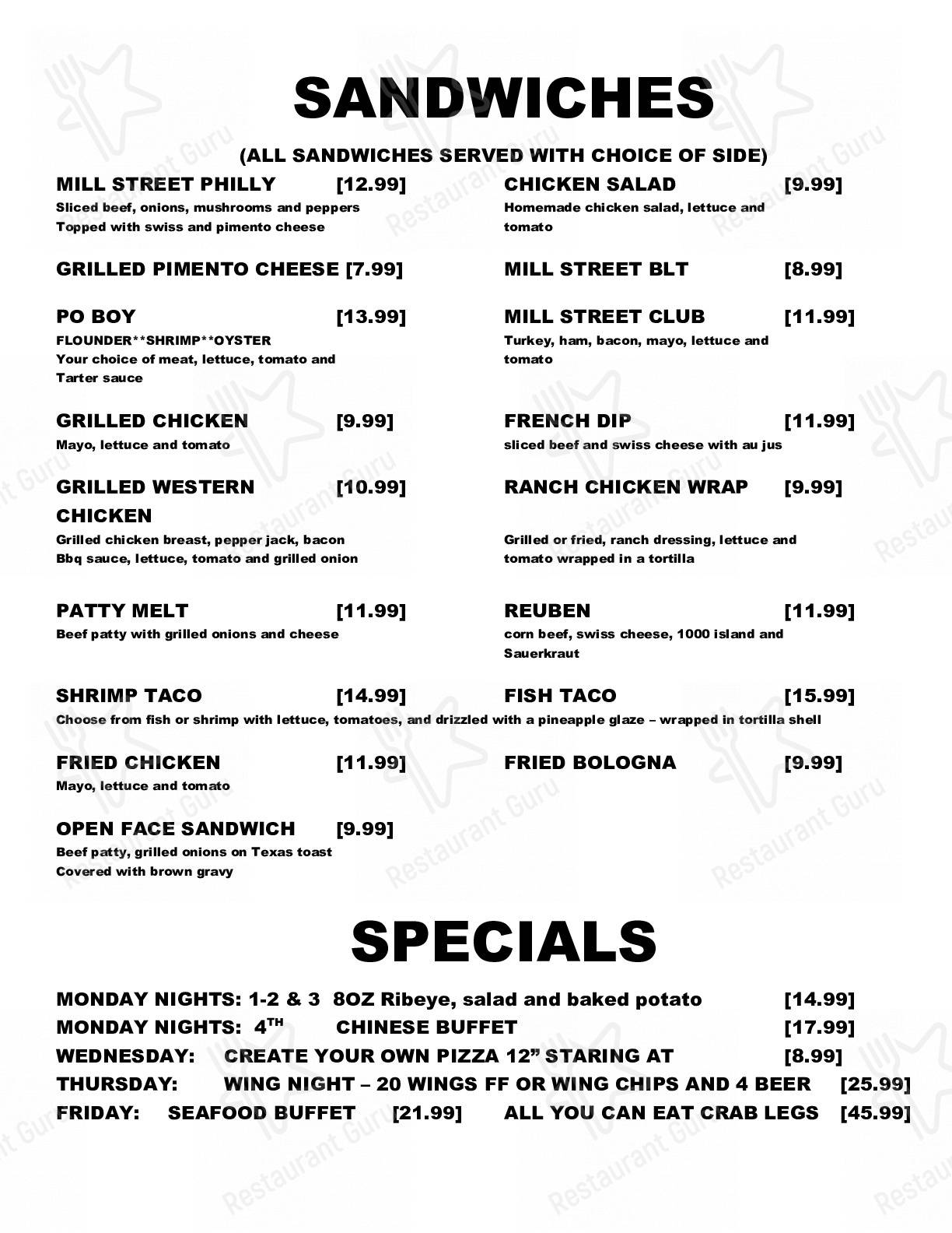 Menu at Mill Street Grill restaurant, Manning