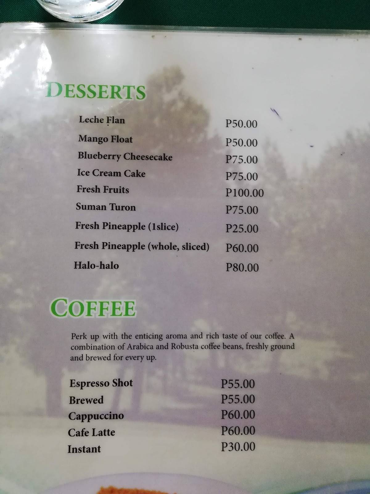 Menu at Del Monte Clubhouse, Manolo Fortich