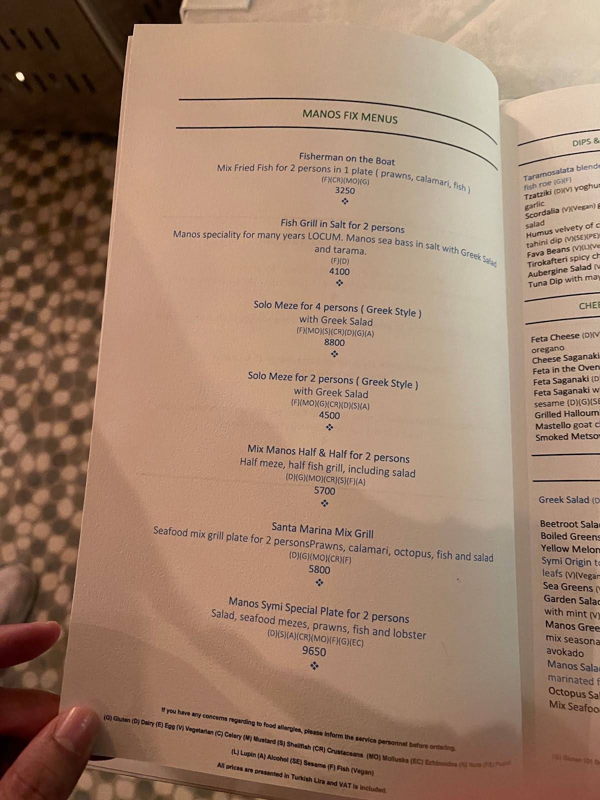 Menu at Manos, Turkey, Hisarönü Mah. Datça Yolu Hisarönü Mevki D Maris ...