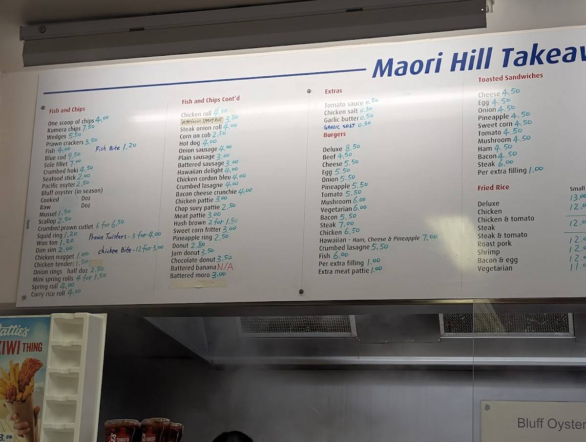 Menu at Maori Hill Takeaways fast food, Dunedin