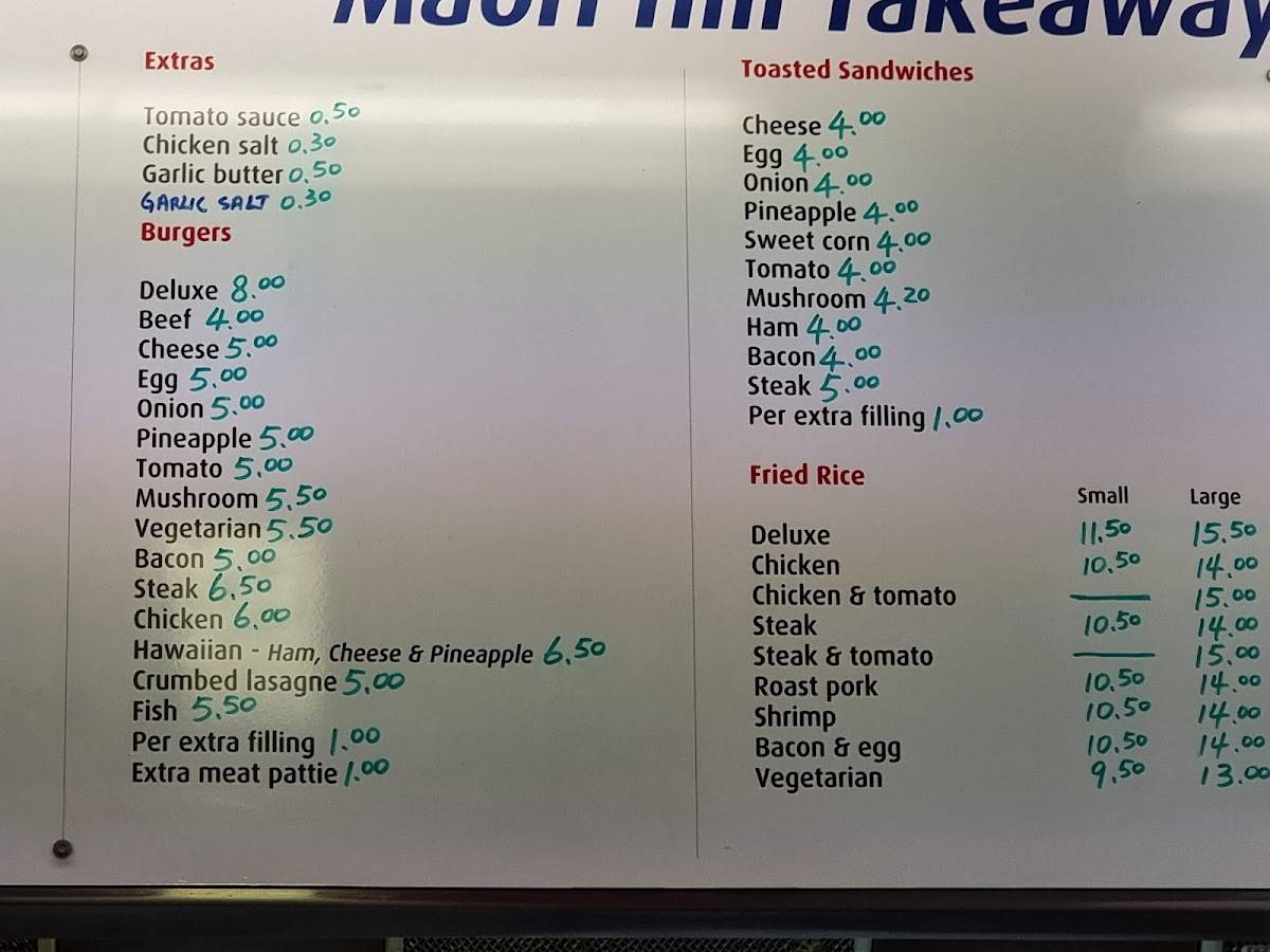 Menu at Māori Hill Takeaways fast food, Dunedin