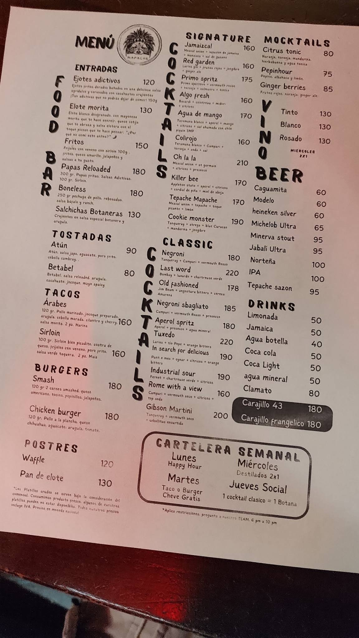Carta de Mapache cocktail room & rooftop bar, San Pedro Garza García