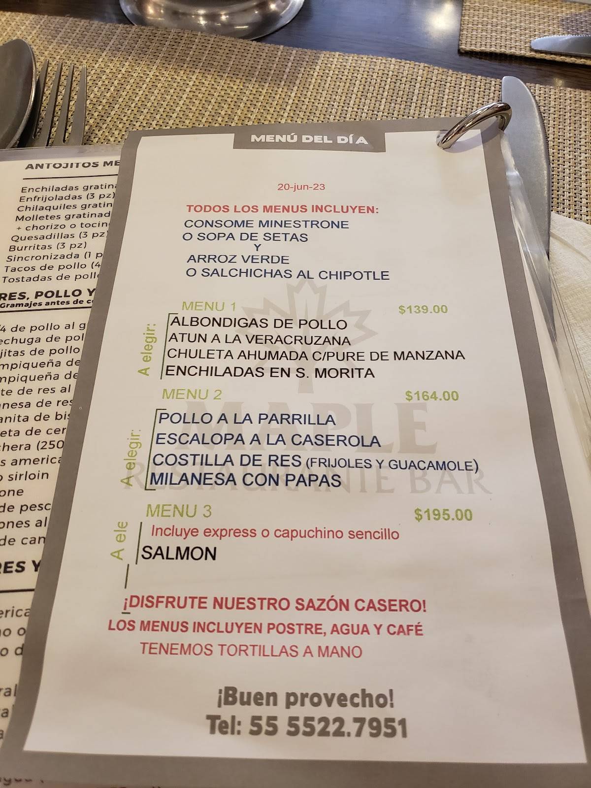 Carta de Restaurante Maple, Ciudad de México