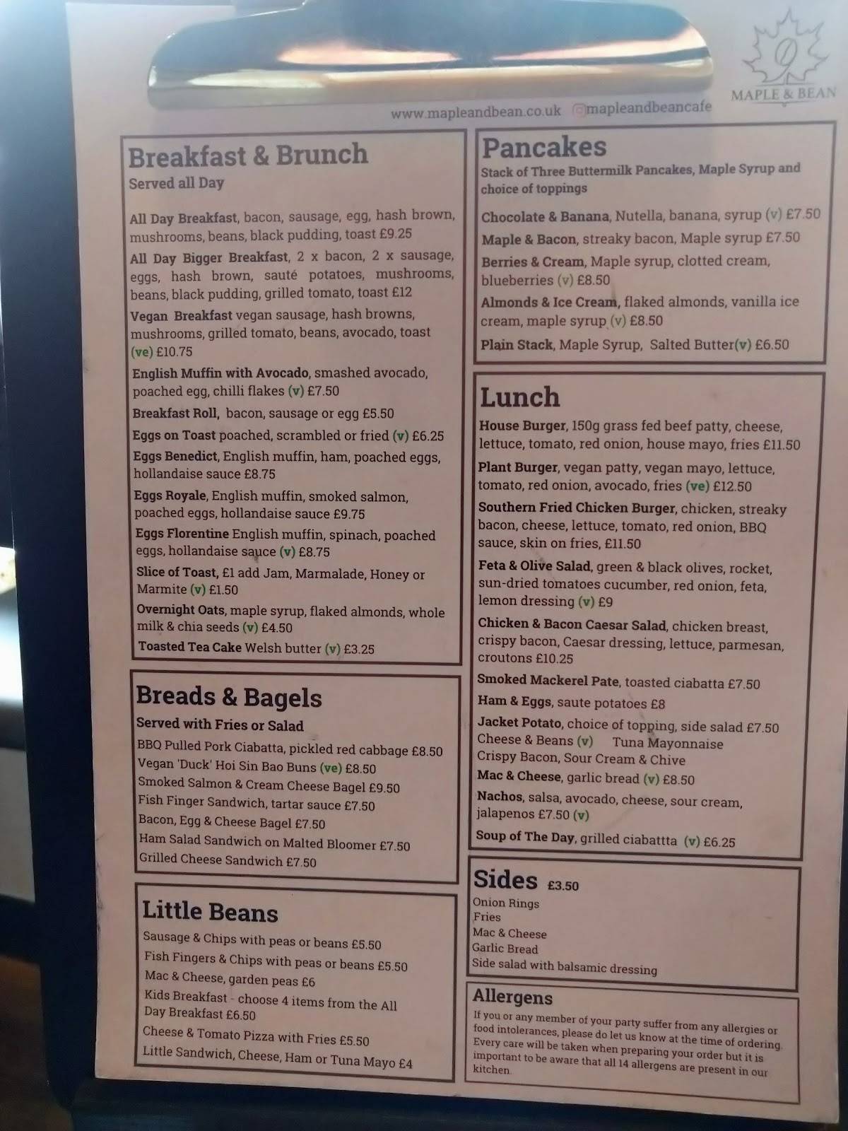 Menu at Maple & Bean cafe, Cowbridge