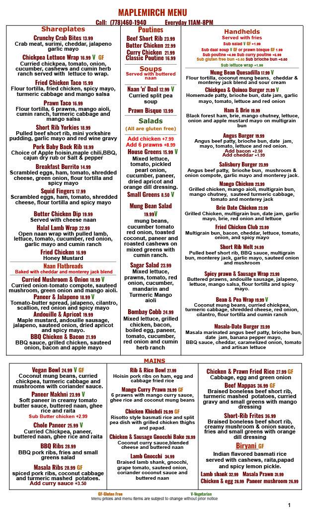 Menu at MapleMirch restaurant, Castlegar