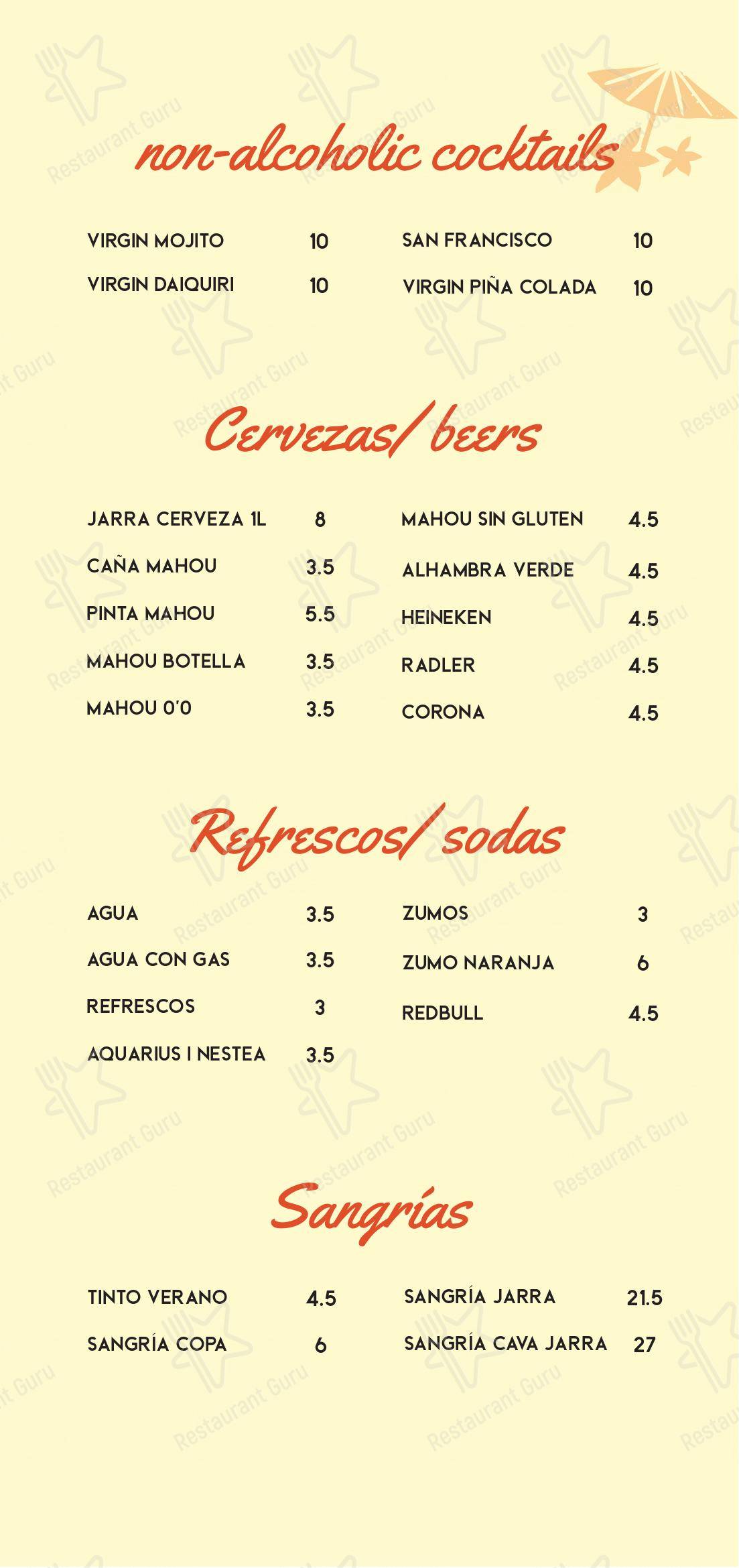Carta del pub y bar Mar del Copas, Benalmádena