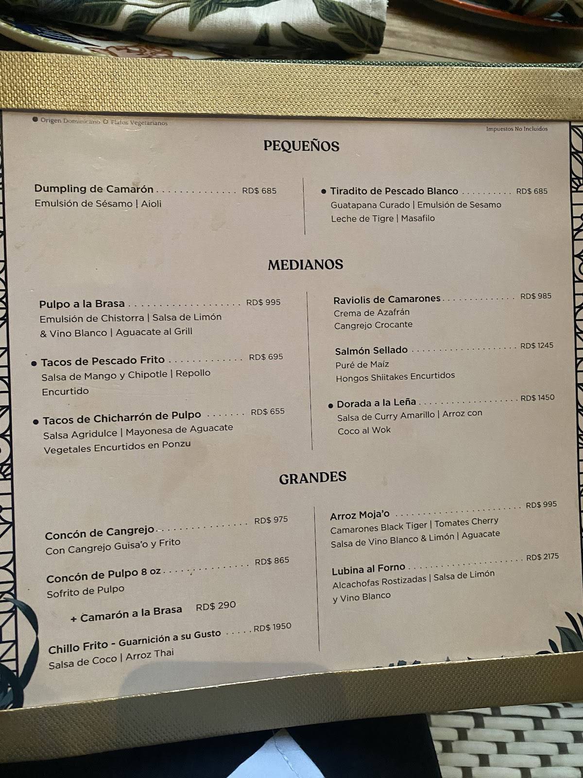 Carta del restaurante Maraca, Santo Domingo