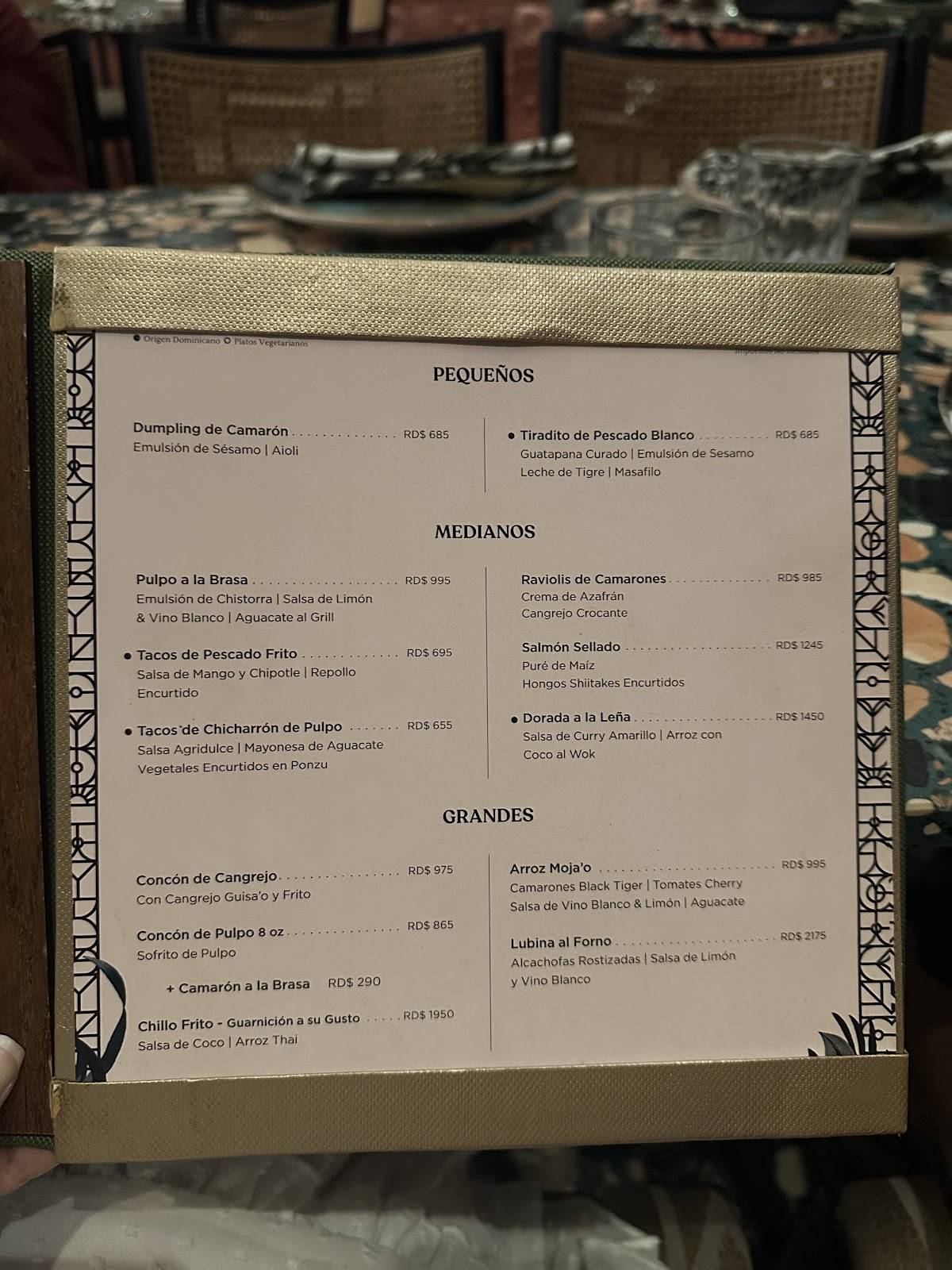 Carta del restaurante Maraca, Santo Domingo