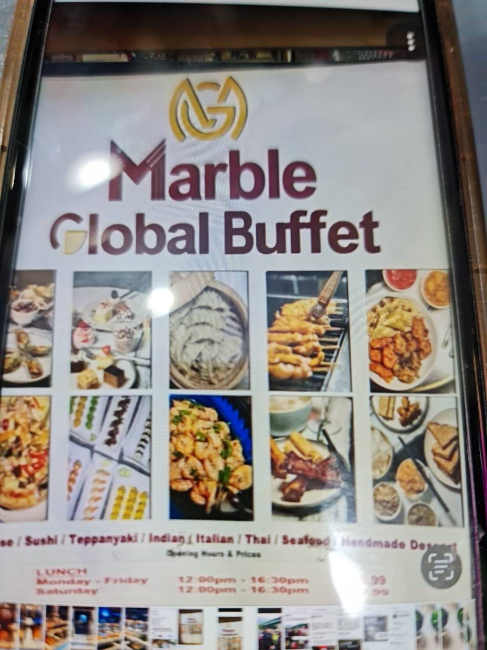 Menu at Marble Global Buffet restaurant, Glasgow
