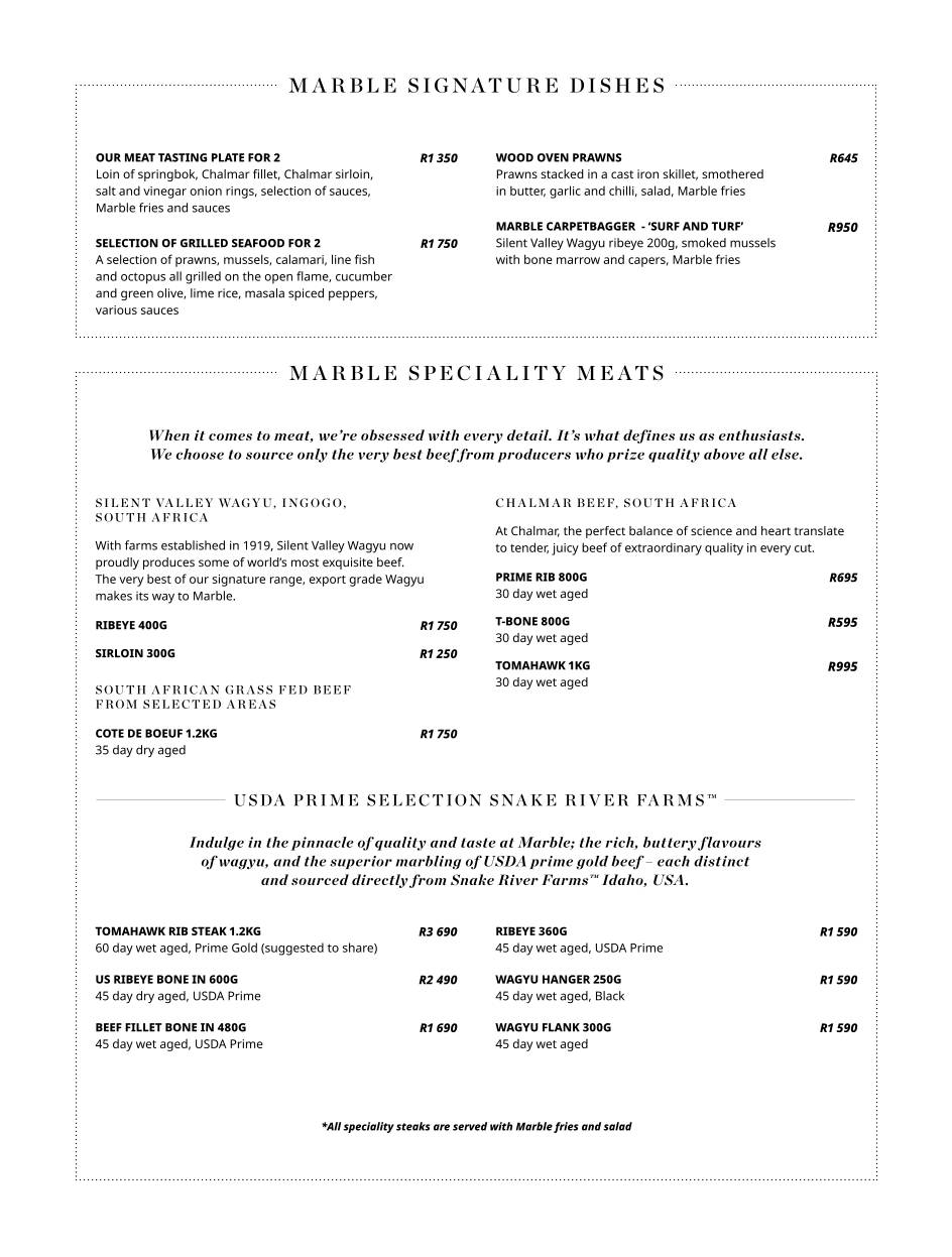 Menu at Marble Restaurant, Cape Town