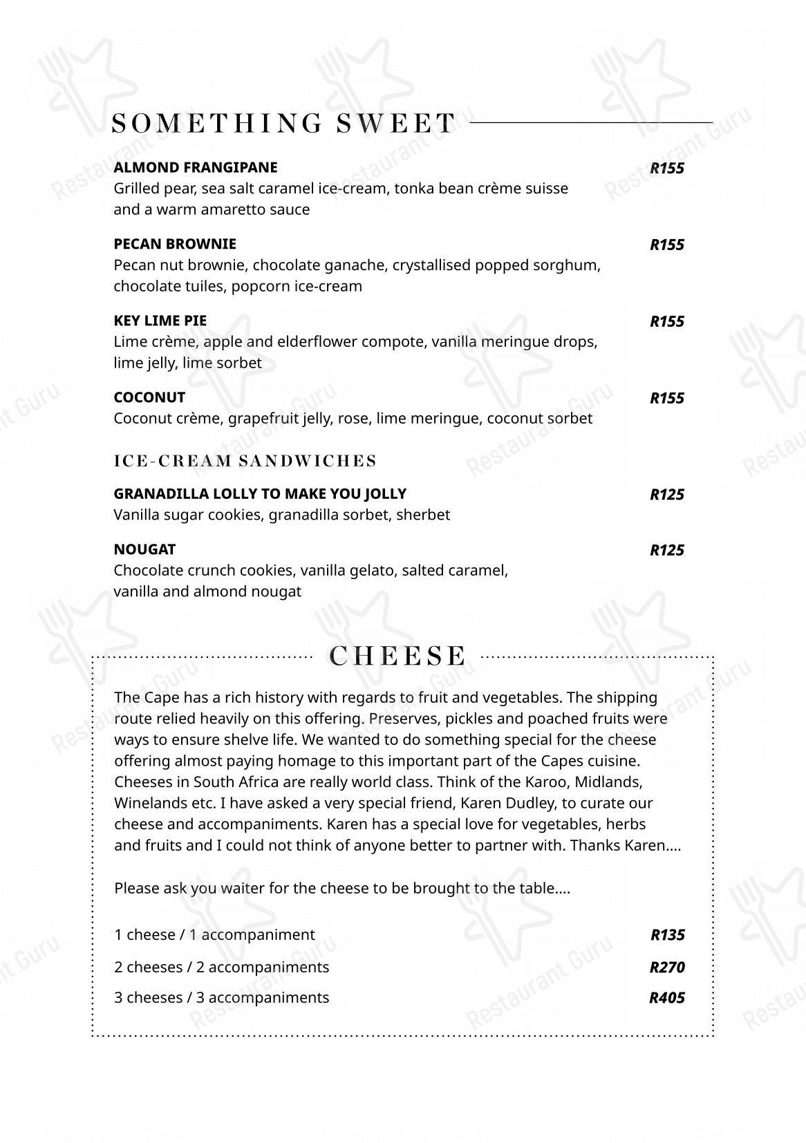 Menu at Marble Restaurant, Cape Town