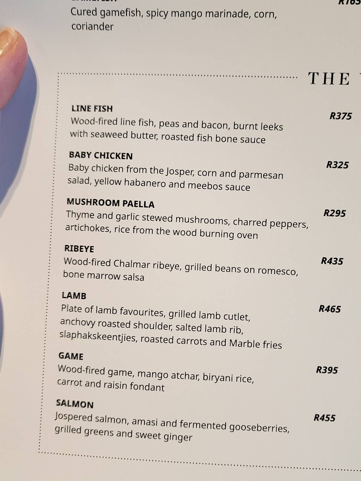 Menu at Marble Restaurant, Cape Town