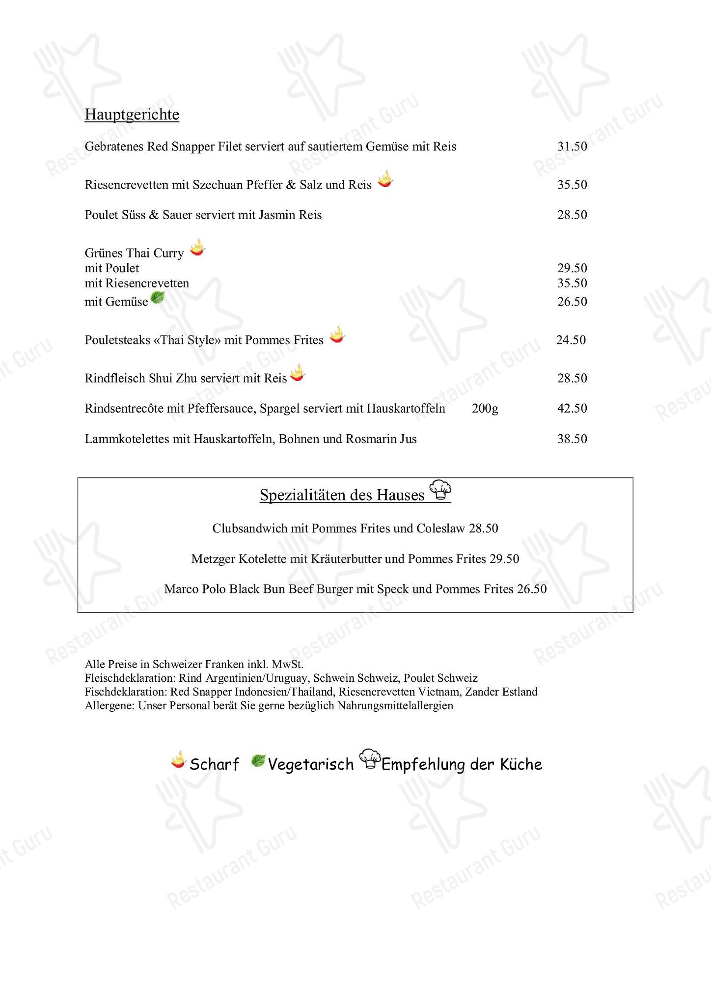 Menu au Marco Polo Restaurant & Bar, Wohlen