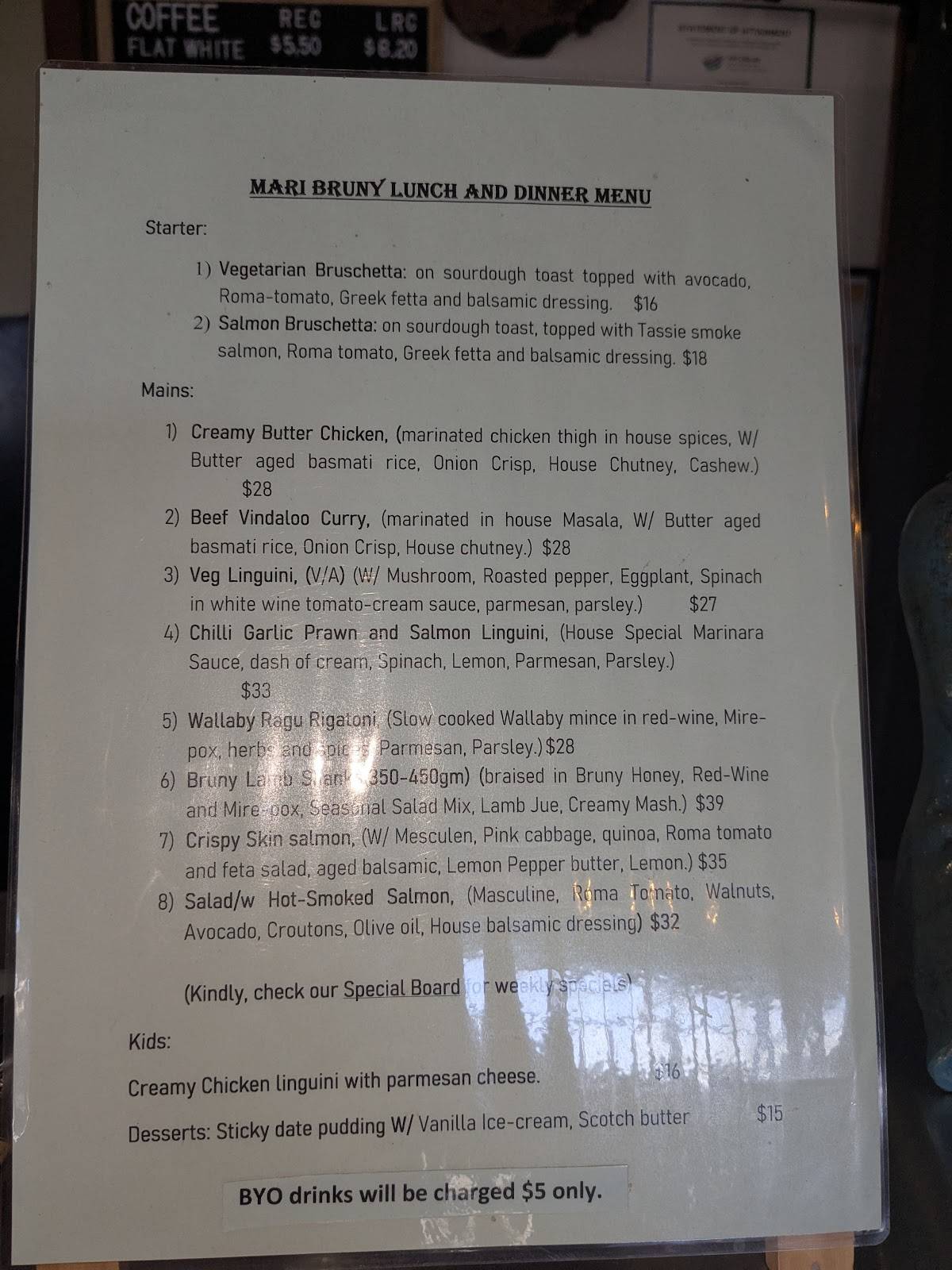 Menu at Mari Bruny restaurant, Adventure Bay