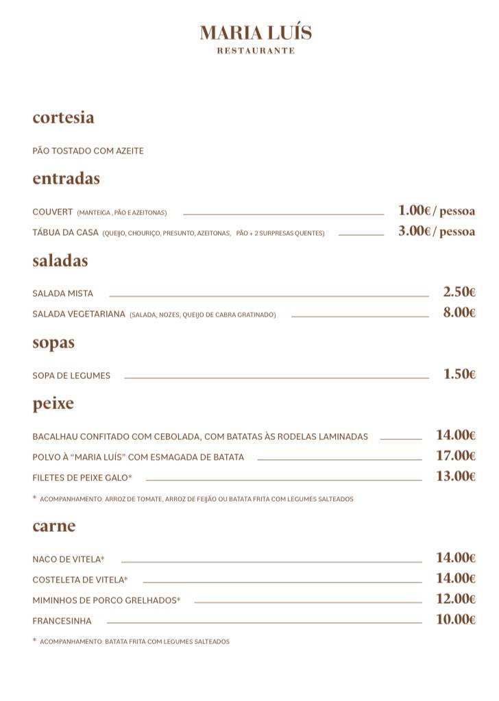 Menu at Restaurante Maria Luis, Alfaião