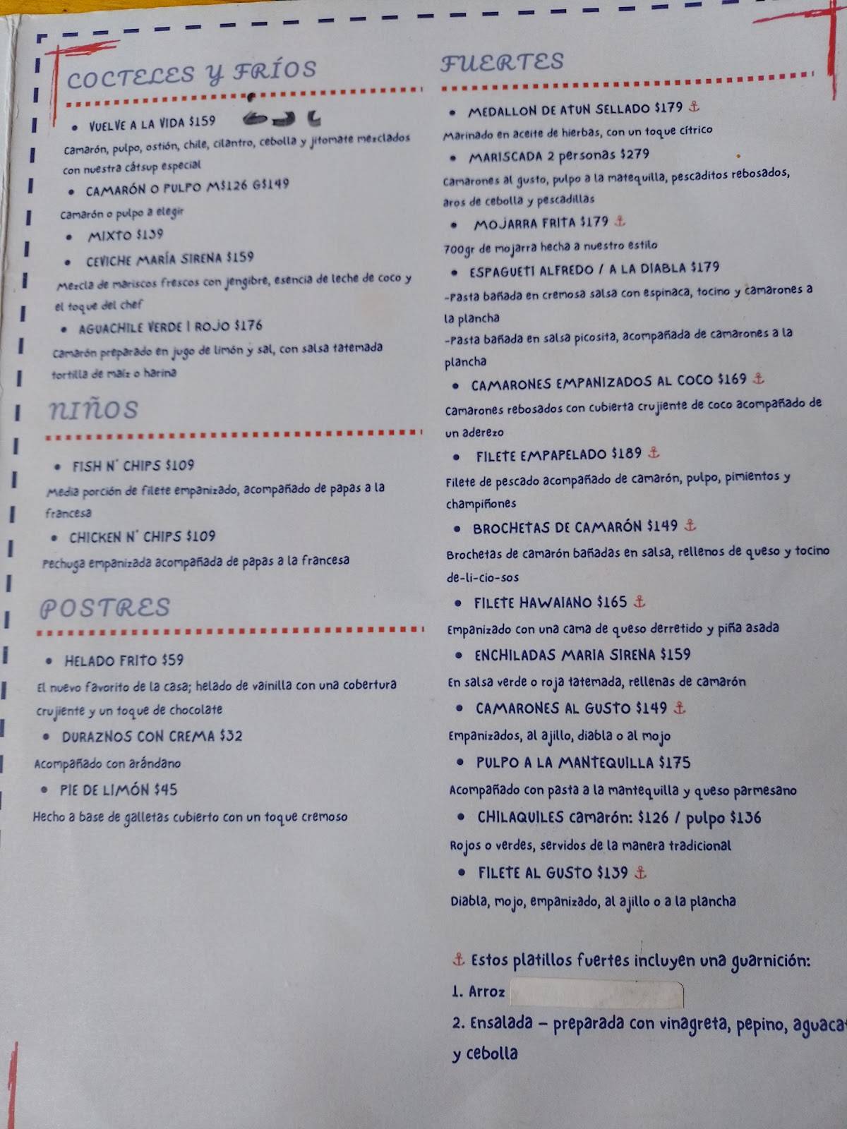 Carta del restaurante María Sirena, Ciudad López Mateos, Av. Aquiles ...
