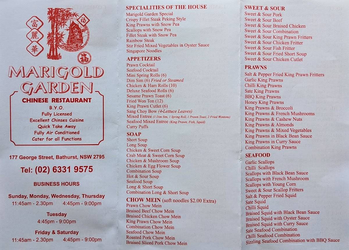Menu at Marigold Garden Chinese Restaurant, Bathurst