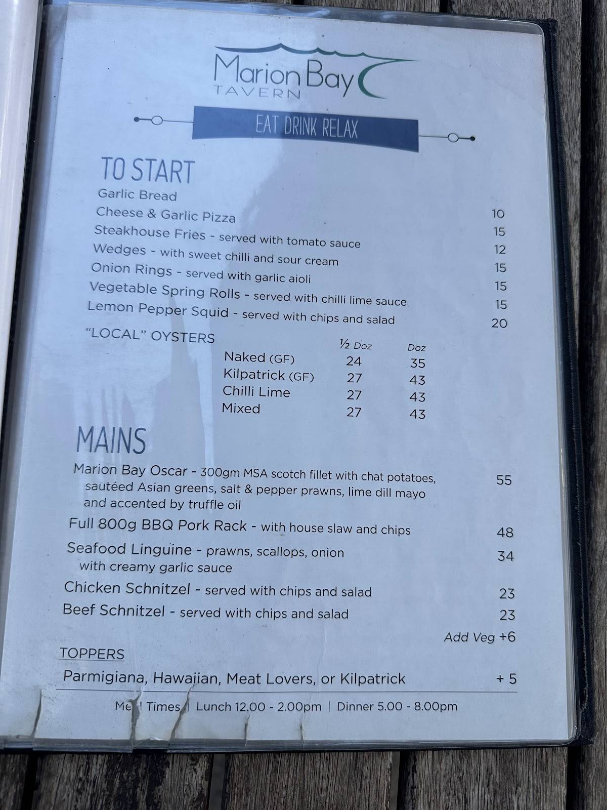 Menu at Marion Bay Tavern restaurant, Marion Bay, 5 Stenhouse Bay Rd