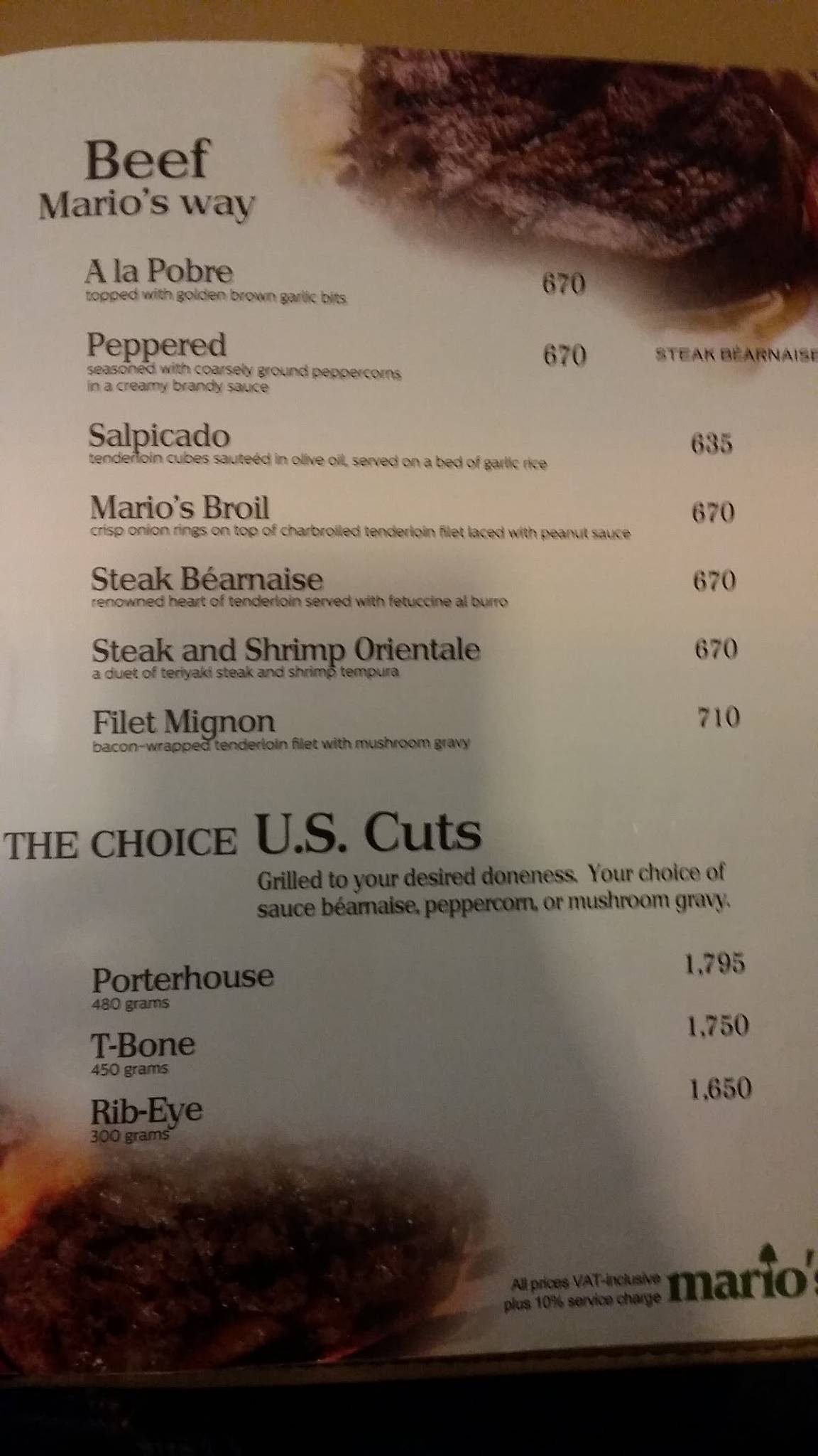 Menu at Mario's 8 Loakan Road, Baguio City steakhouse, Baguio
