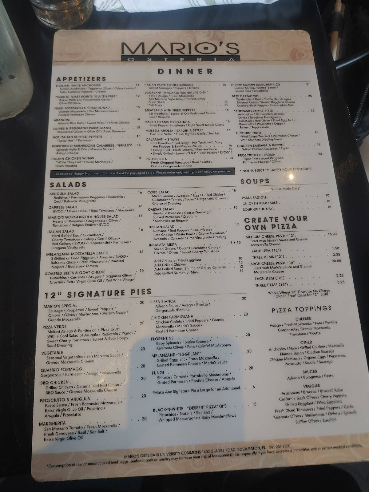 Menu at Mario's Osteria pizzeria, Boca Raton