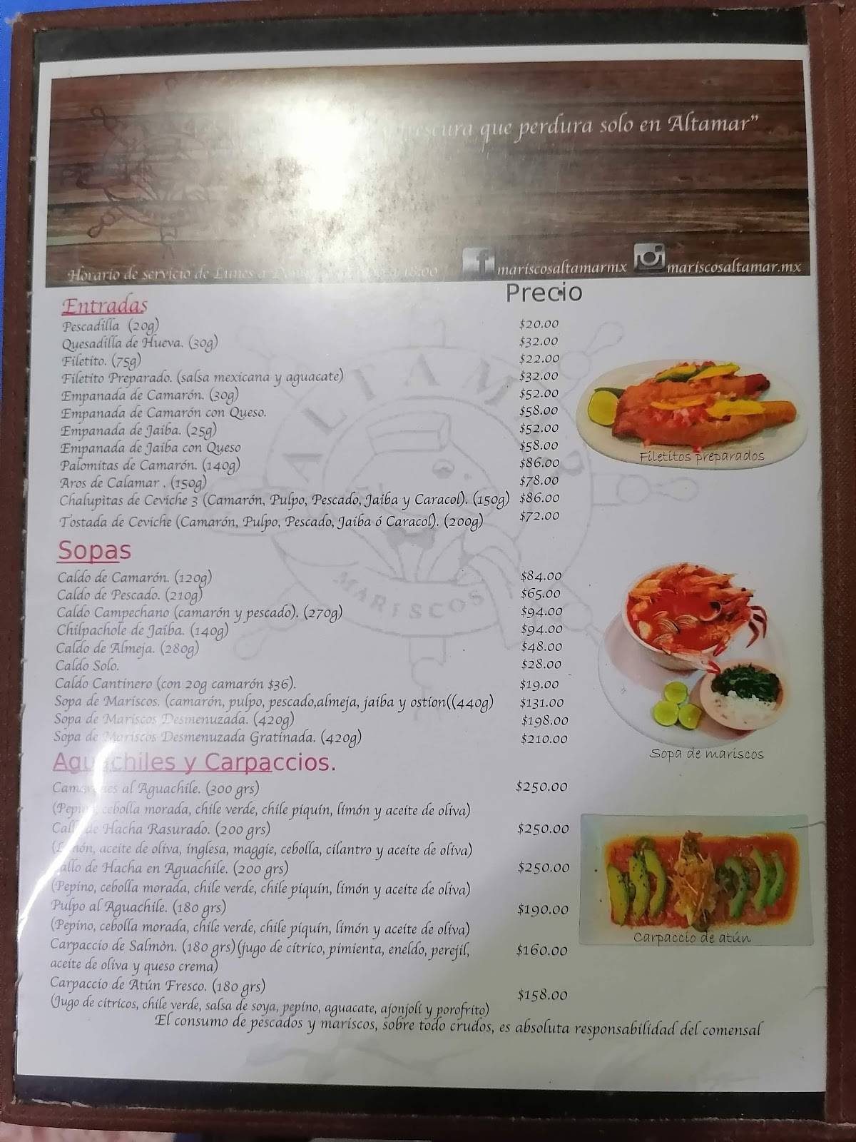 Carta del restaurante Mariscos Altamar, Ciudad del México, C. 7 70b ...