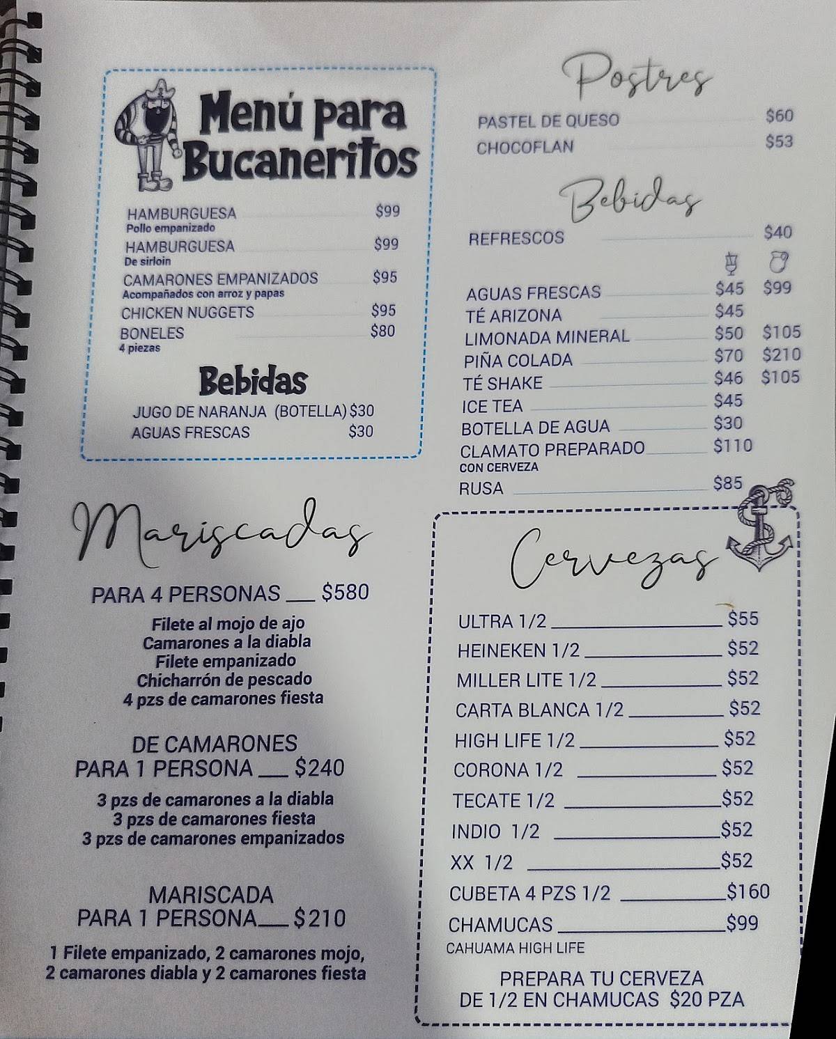 Carta del restaurante Mariscos El Bucanero, Ciudad Juarez