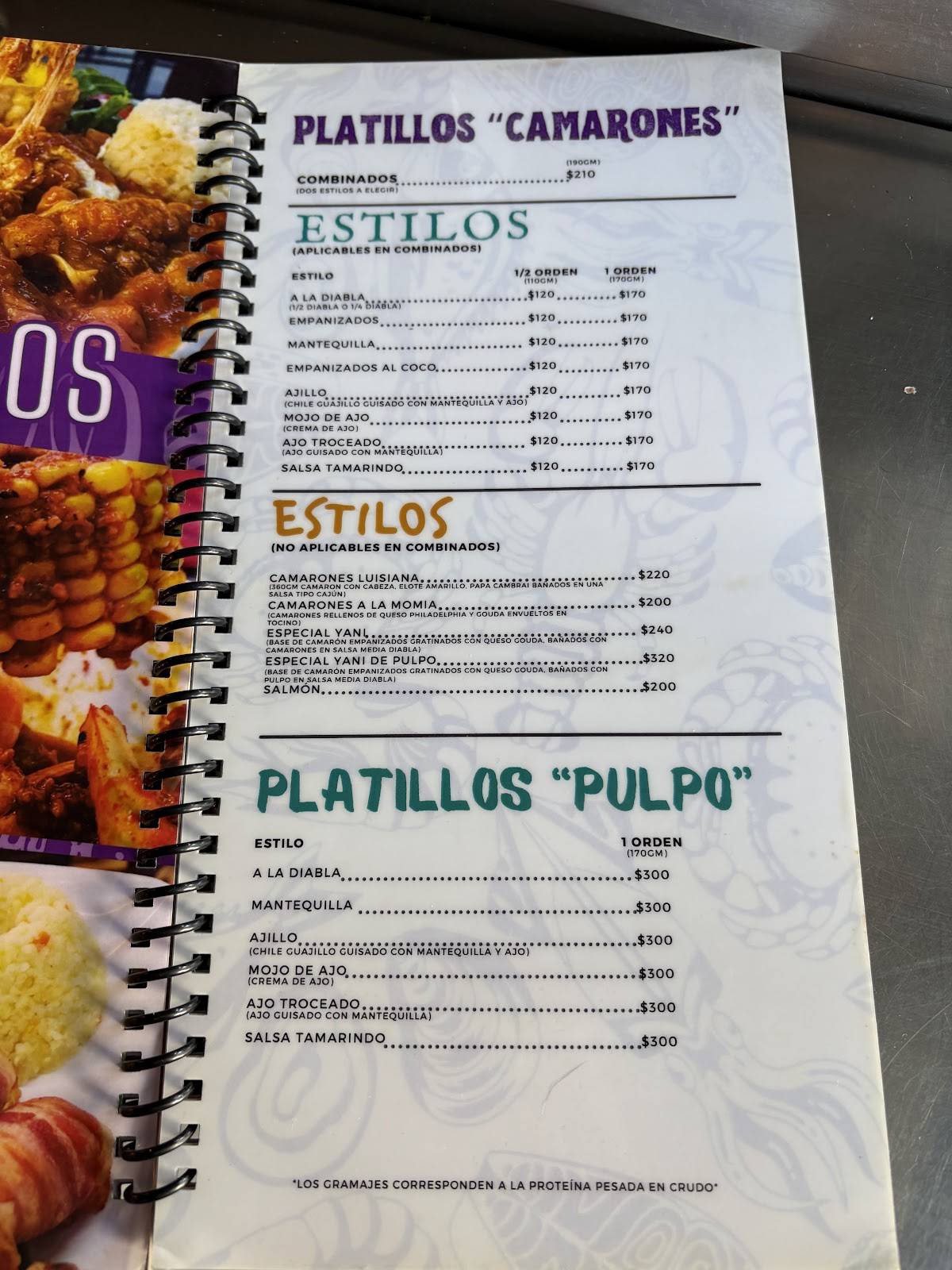 Carta del restaurante Mariscos Yani, Guadalajara, Martin Alonso 1365