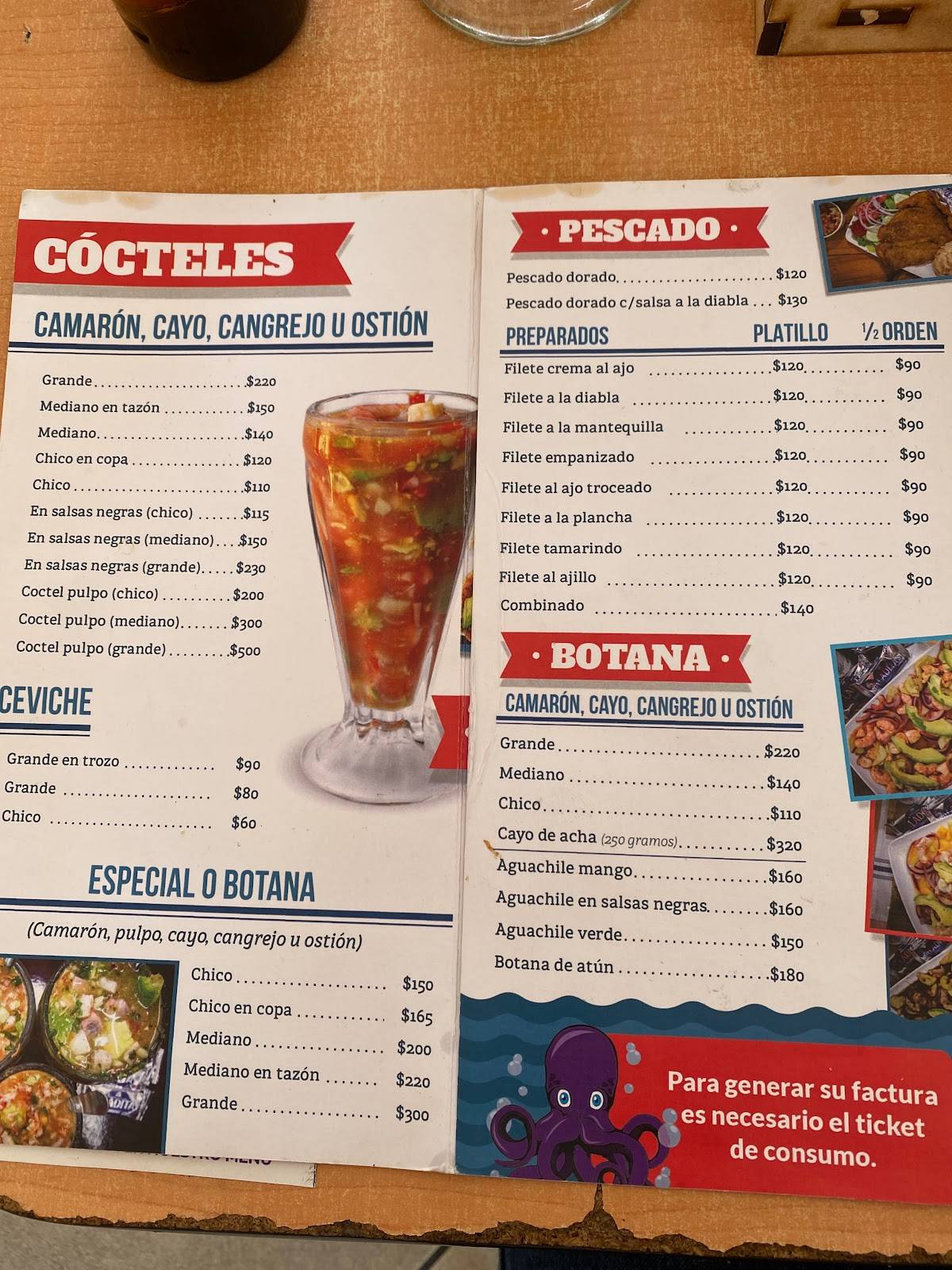 Carta del restaurante Mariscos Yani, Guadalajara, Martin Alonso 1365