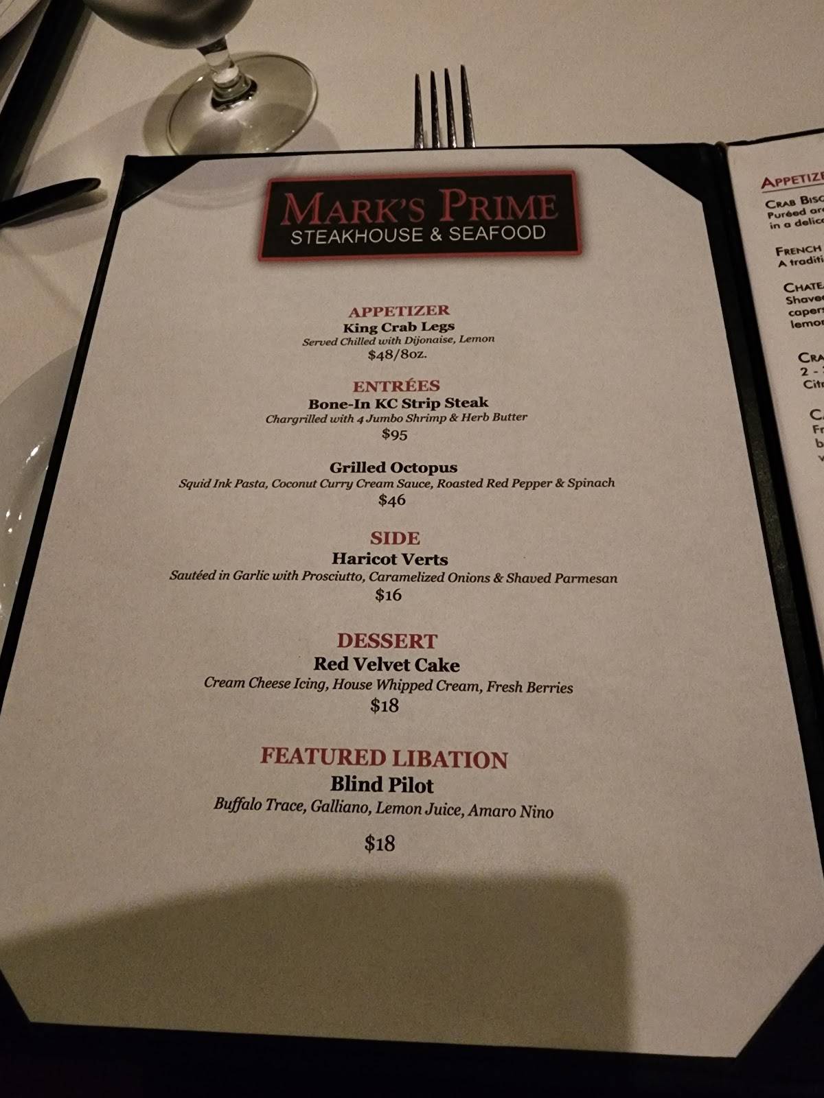 Menu at Mark's Prime Steakhouse, Ocala