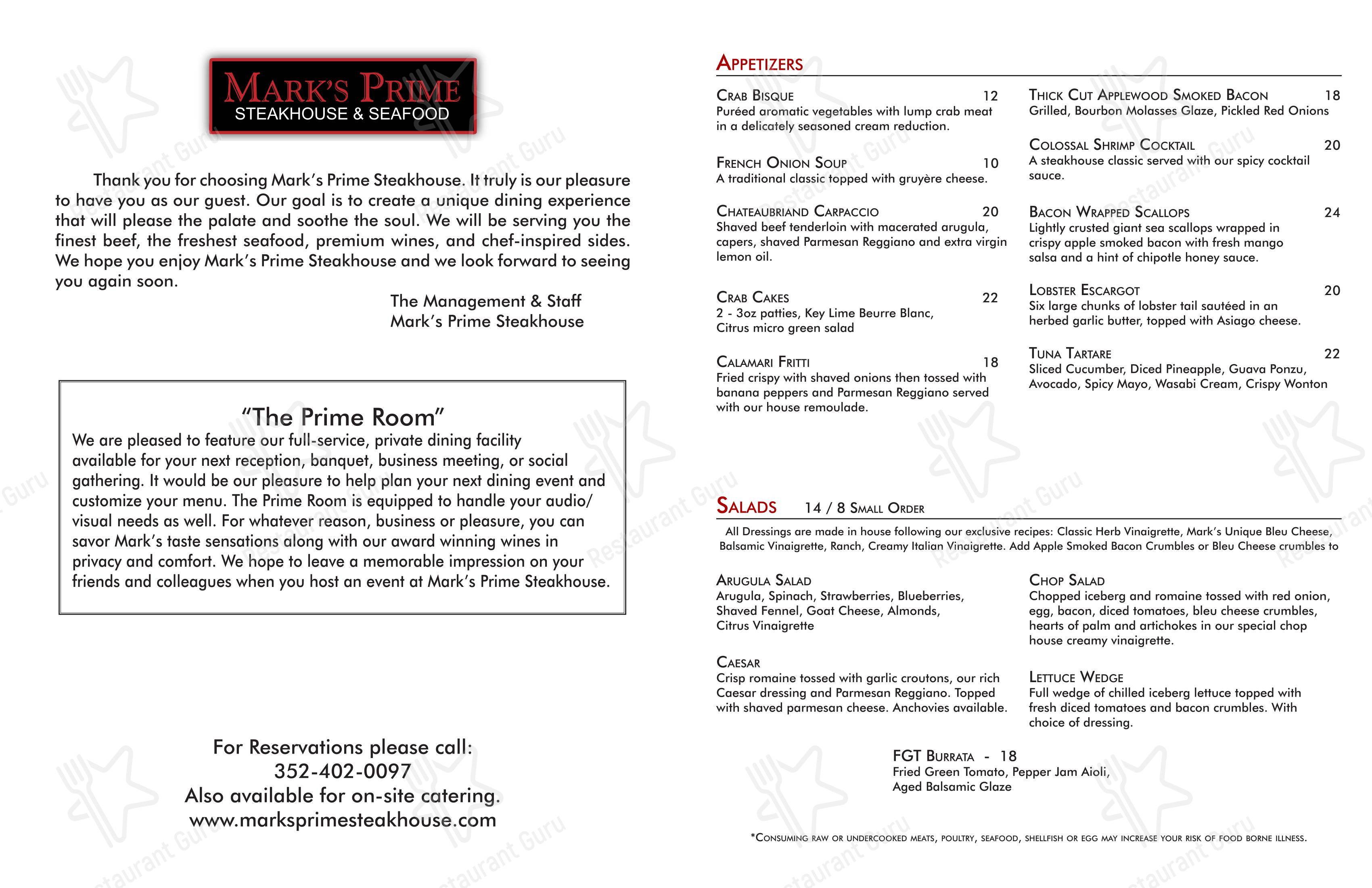 Menu at Mark's Prime Steakhouse, Ocala