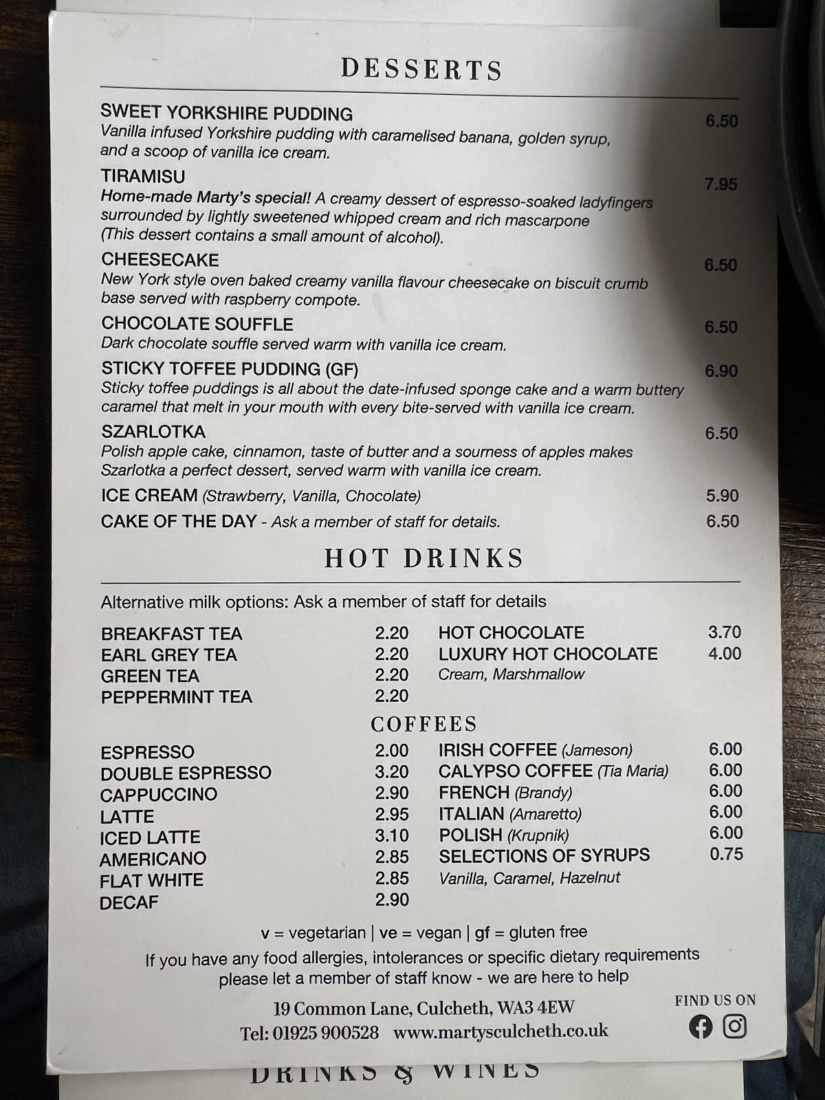 Menu at Marty's Kitchen & Bar Culcheth, Warrington