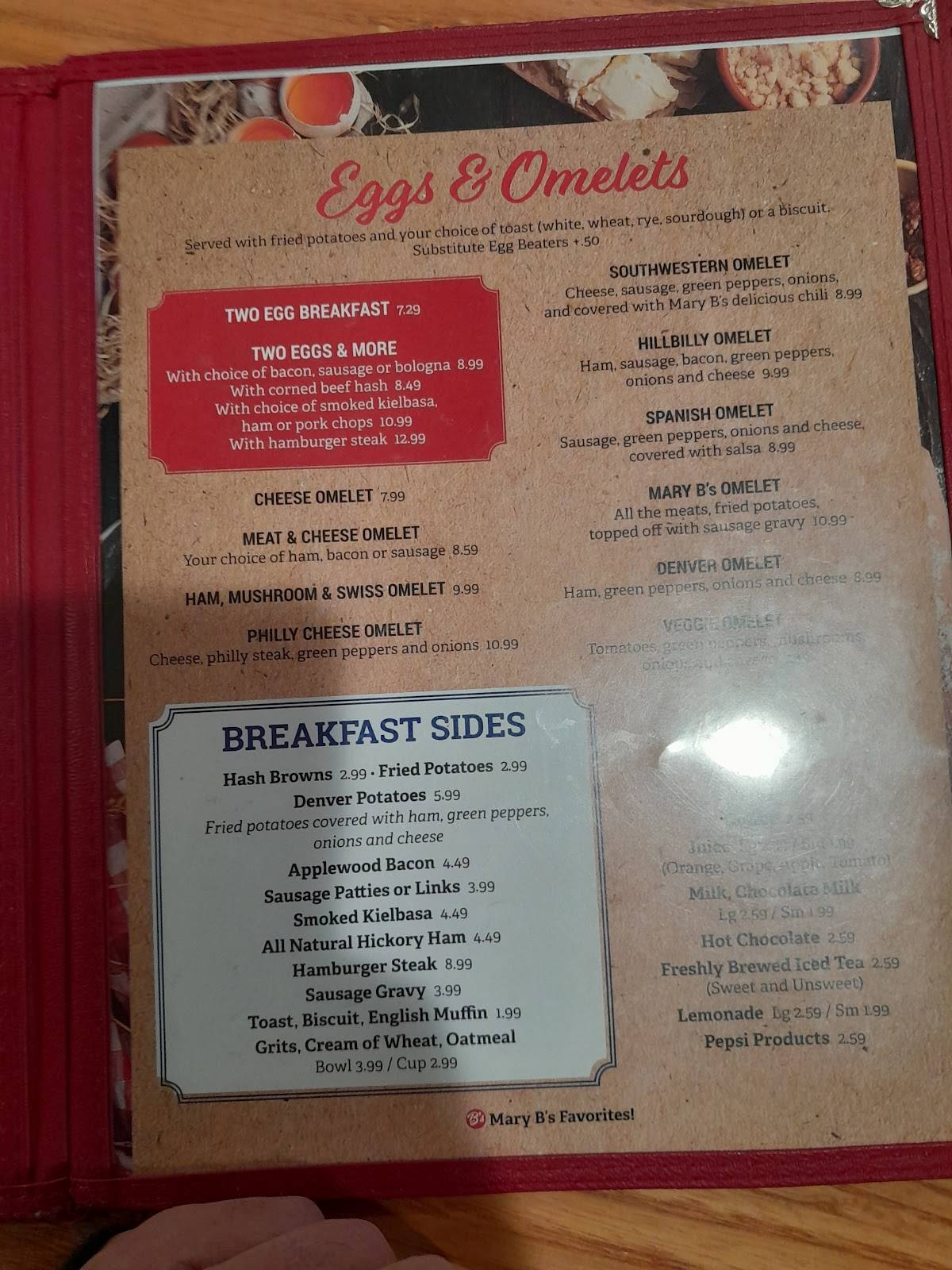 Menu at Mary B's Diner restaurant, Parkersburg