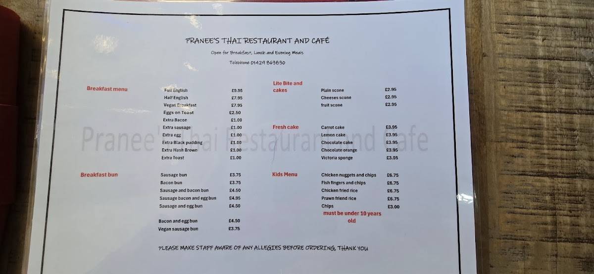 Menu at Mary Rowntree Thai Restaurant, Hartlepool