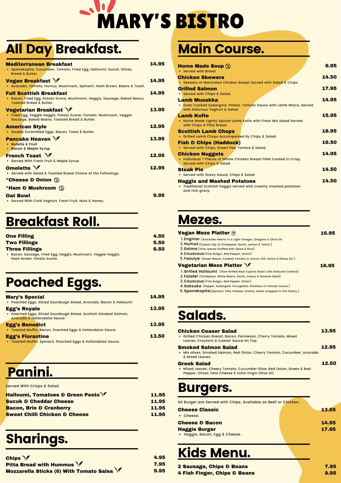 Menu at Mary's Cafe Bistro, Edinburgh