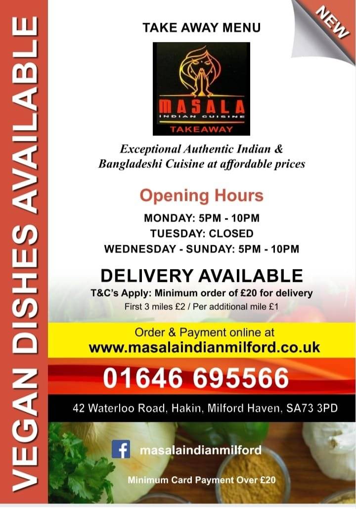 Menu at Masala Indian Takeaway Milford restaurant, Milford Haven