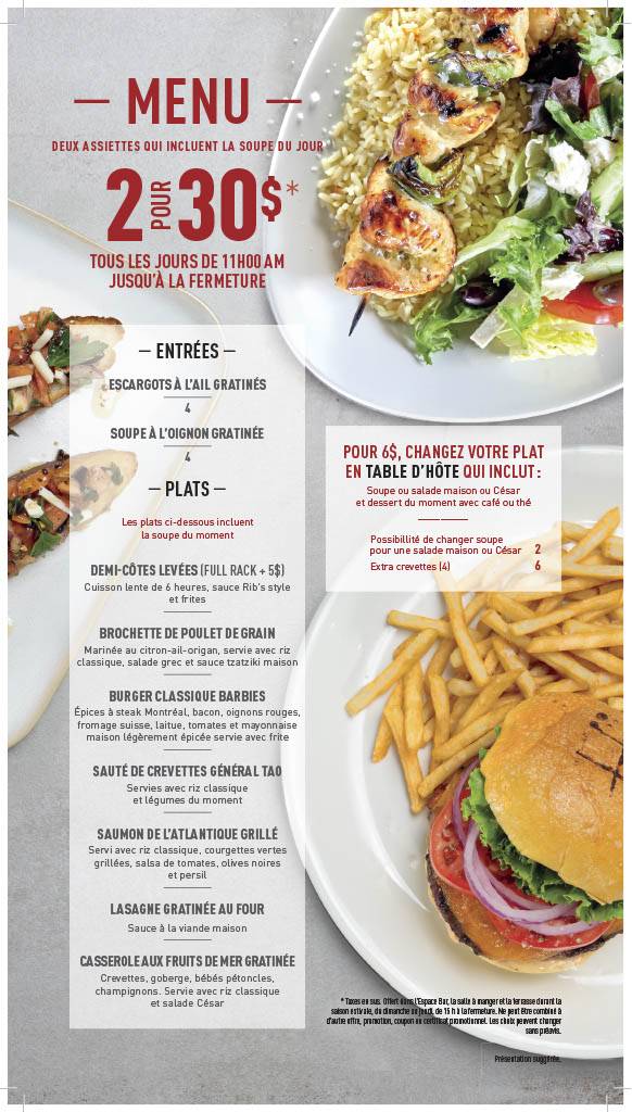 Menu au Barbies Resto Bar Grill, Mascouche, 260 Montée Masson