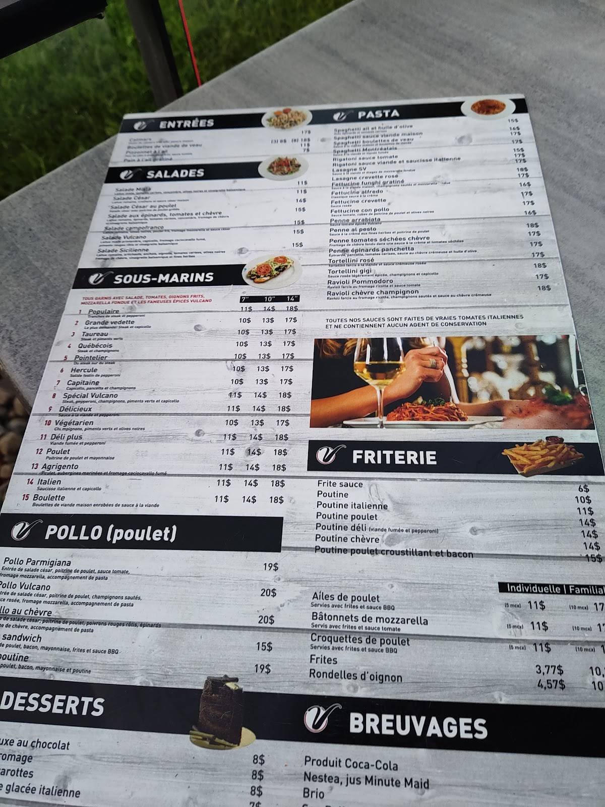 Menu au Restaurant Vulcano, Mascouche