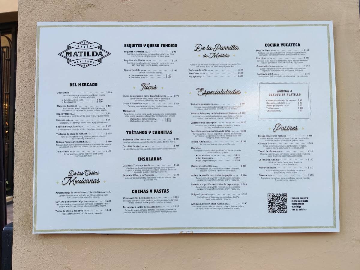 Carta del restaurante Matilda Salon Mexicano, Merida