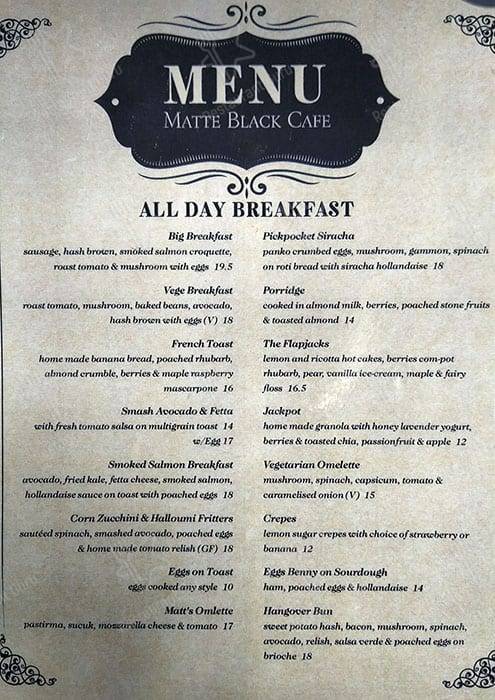Menu at Matte Black cafe, Essendon