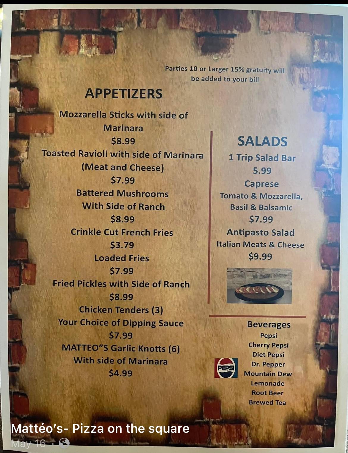 Menu at Matteo’s Pizza pizzeria, Mountain Grove