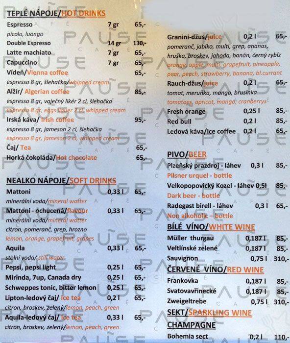 Menu at Mattoni Bar, Prague, Aviatická