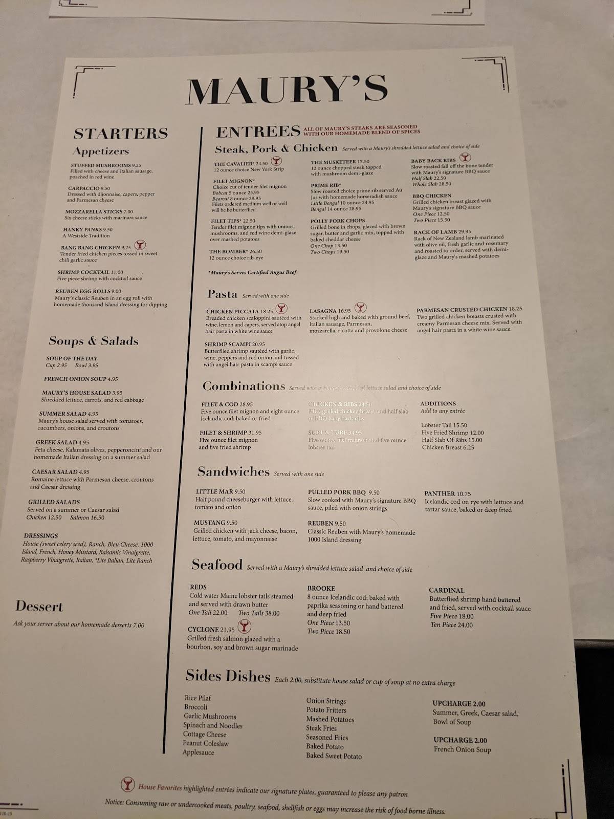 Menu at Maury's Tiny Cove Steakhouse, Cincinnati