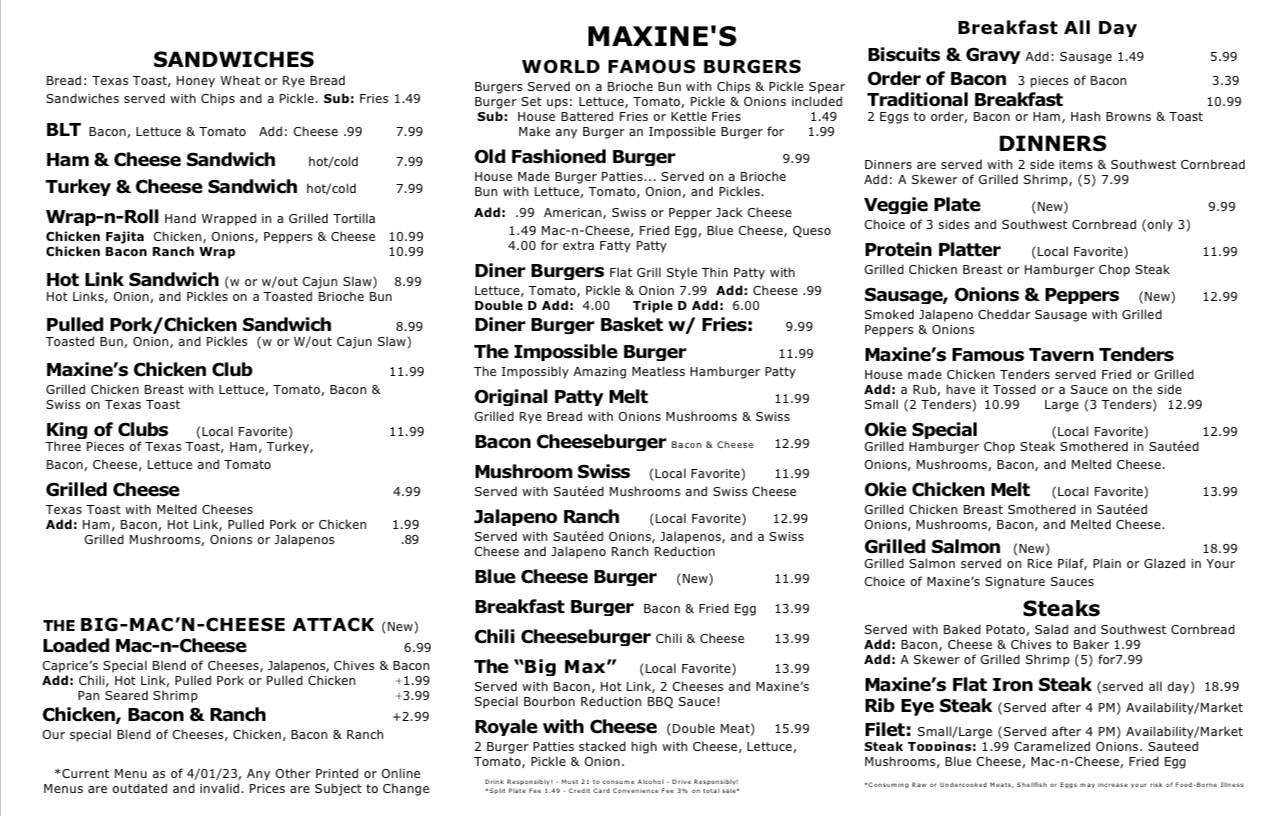 Menu at Maxine's Gastropub, Muskogee