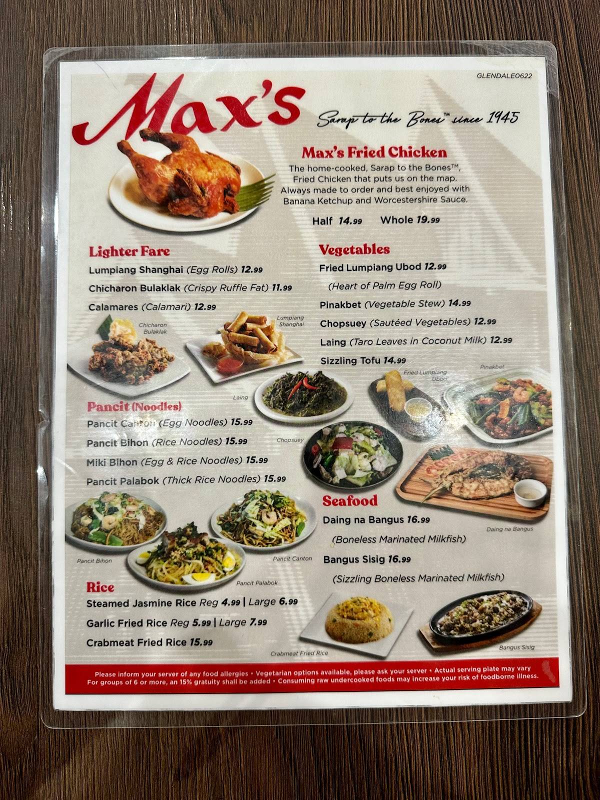 Menu at Max's Restaurant Glendale, Cuisine of the Philippines, Glendale