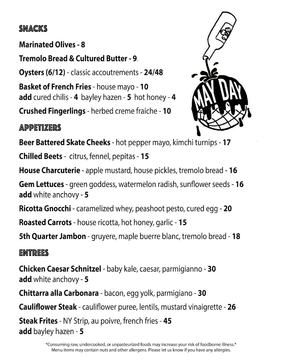 Menu at May Day restaurant, Burlington