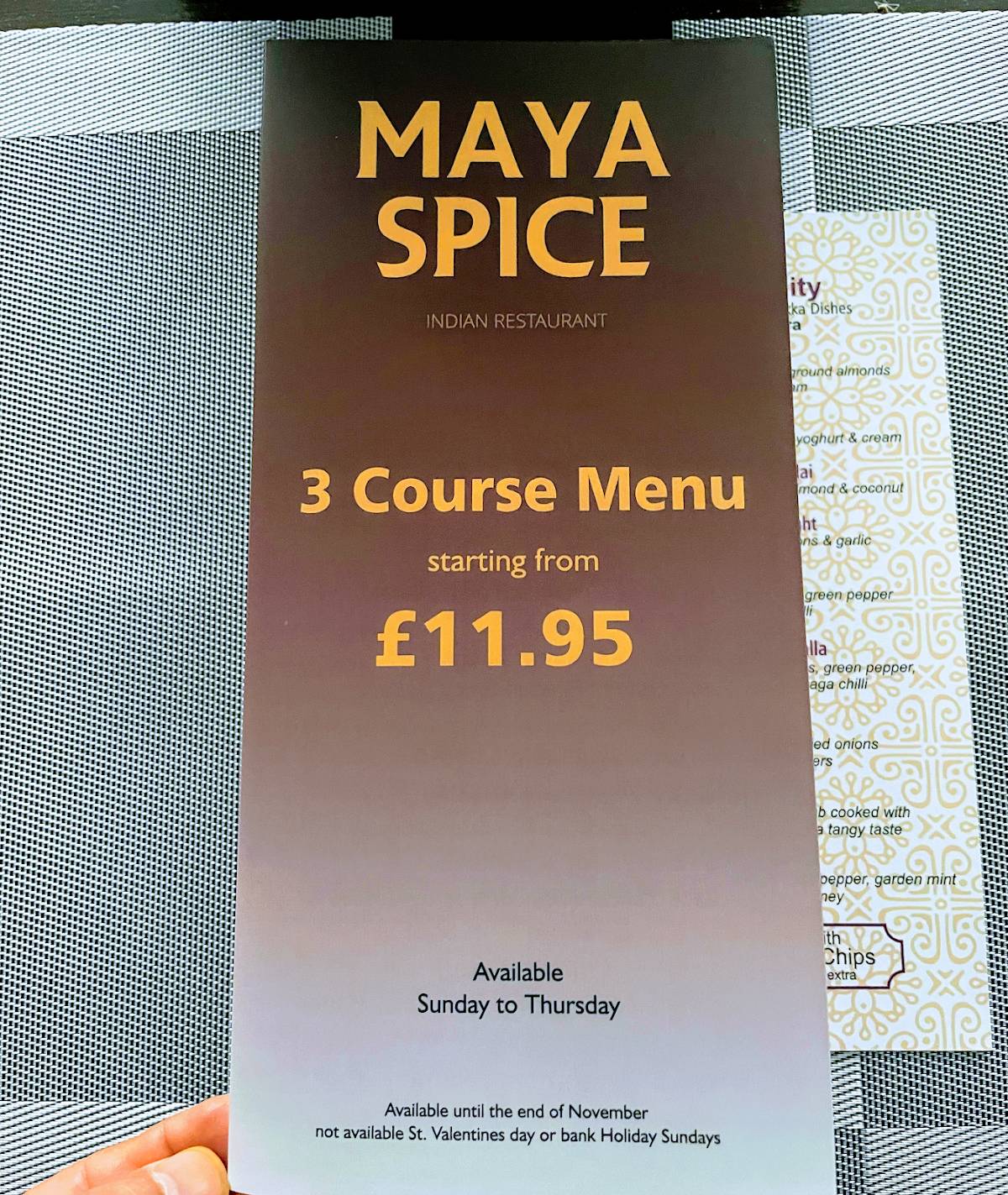 Menu at Maya Spice restaurant, Hull