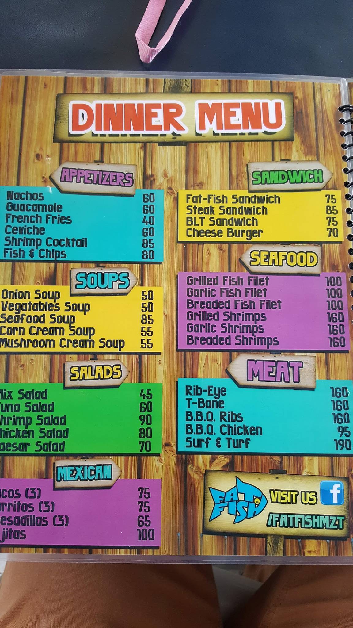 Menu at Fat Fish restaurant, Mazatlán