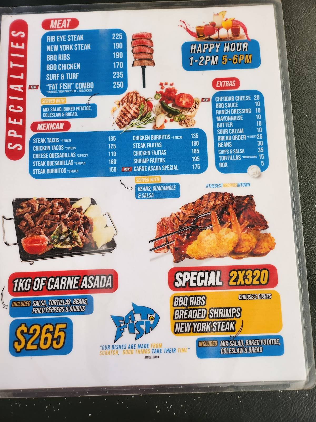 Menu at Fat Fish restaurant, Mazatlán