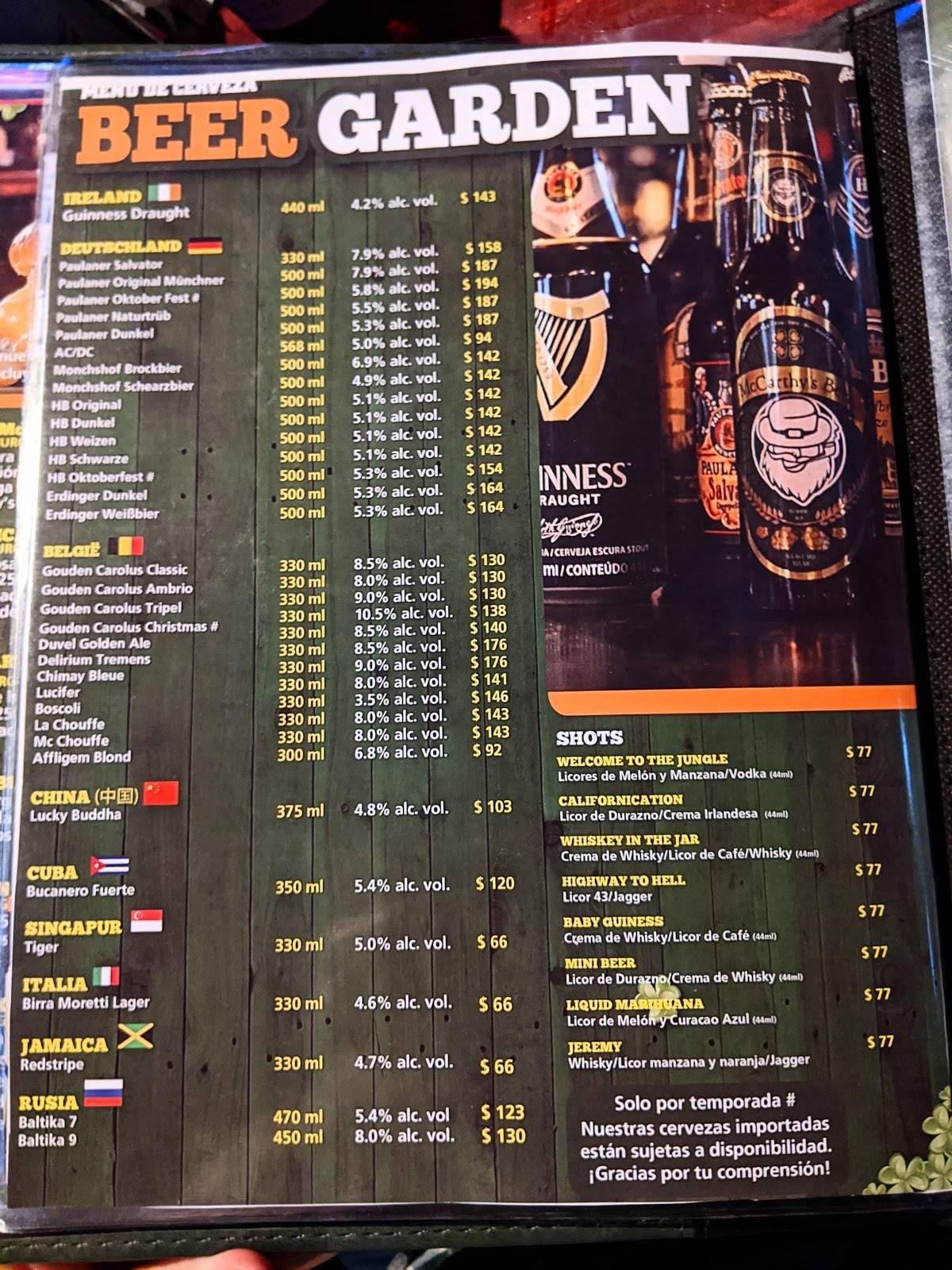 Carta de McCarthys Irish Pub, Monterrey
